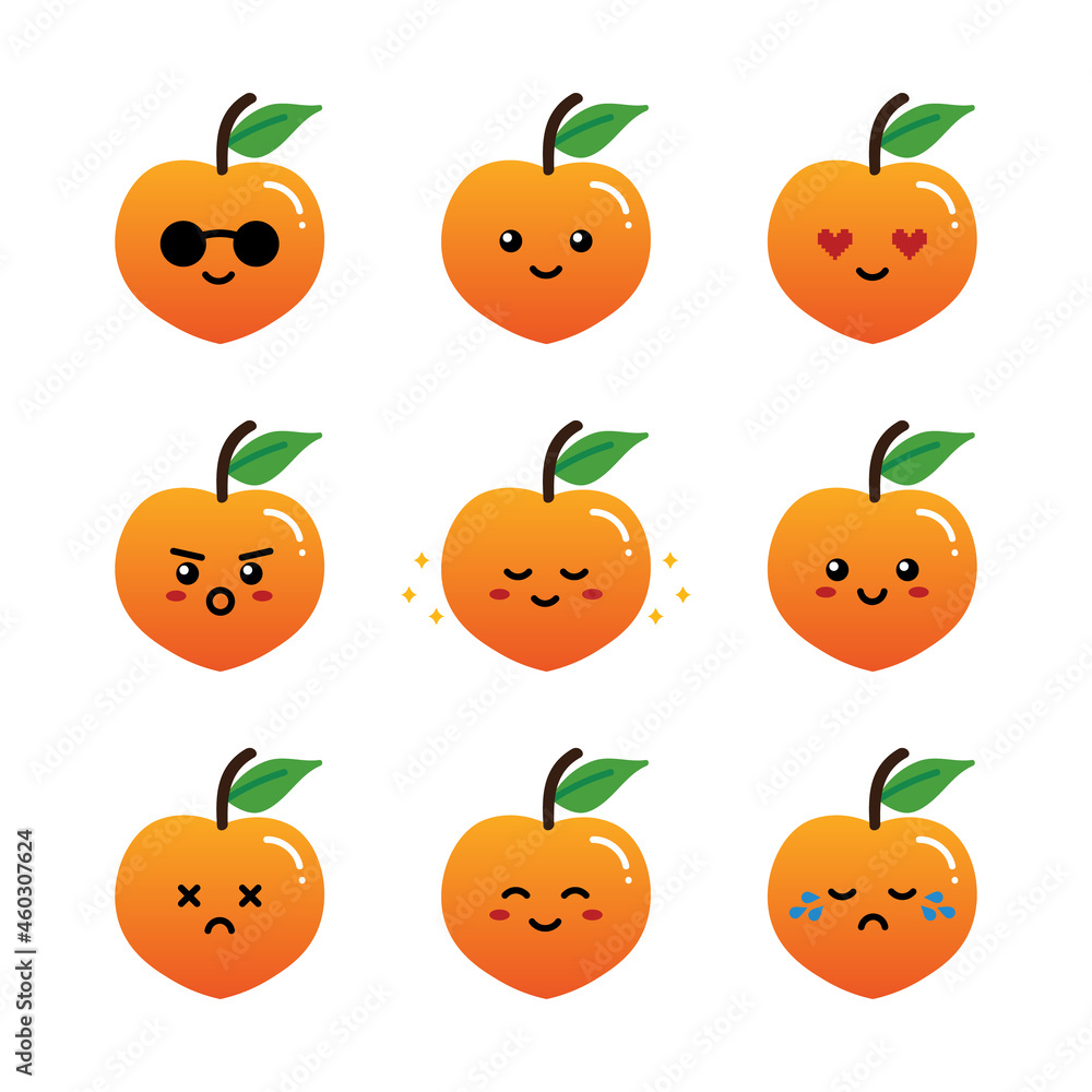 Set, collection, pack of peach emoji, vector cartoon style icons of ...