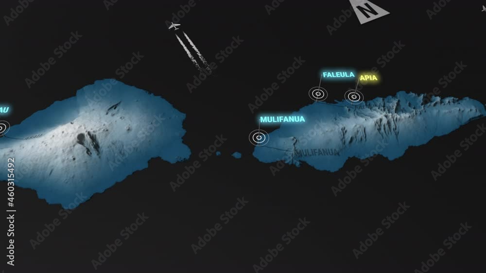 Seamless looping animation of the 3d terrain map at nighttime of Samoa ...