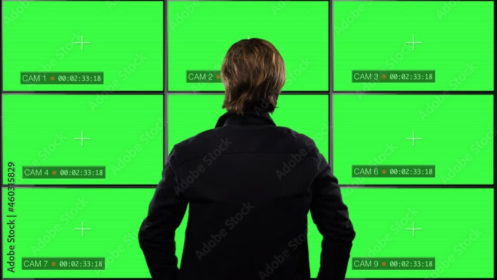 Watching CCTV Monitors Green Screen Multiscreen Televisions Man Watch ...