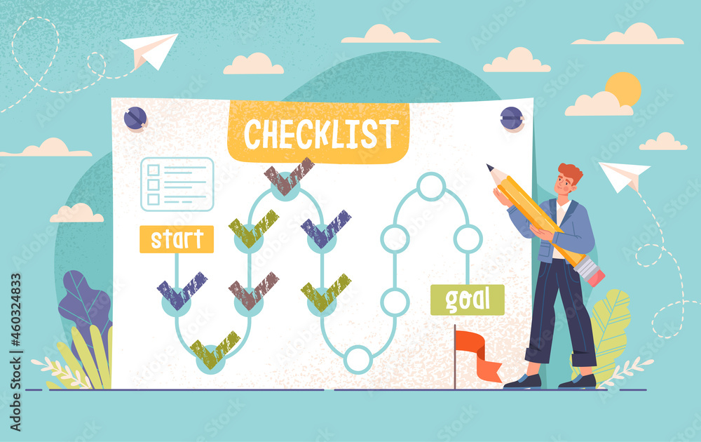 Businessman project manager holding big pencil to check completed tasks ...