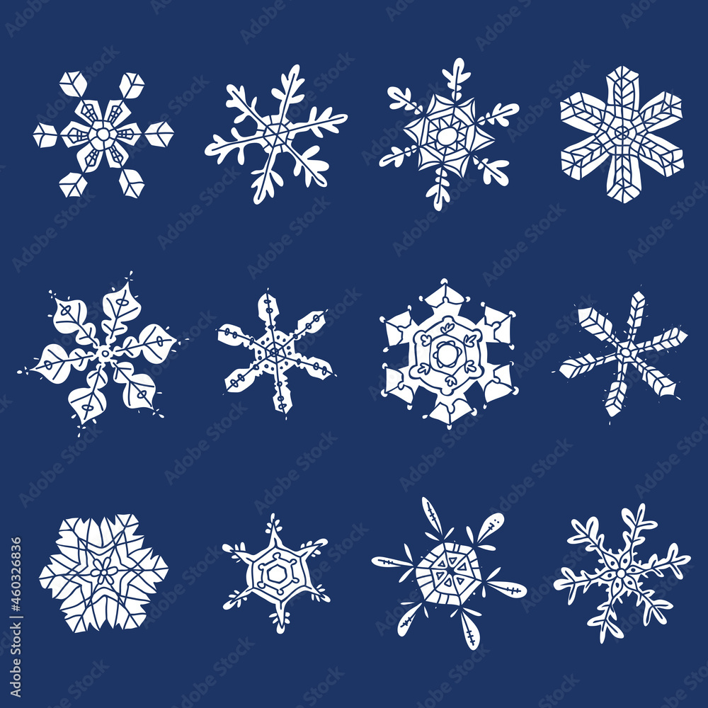 Set of 12 hand drawing Snowflakes white contur and shape element in ...