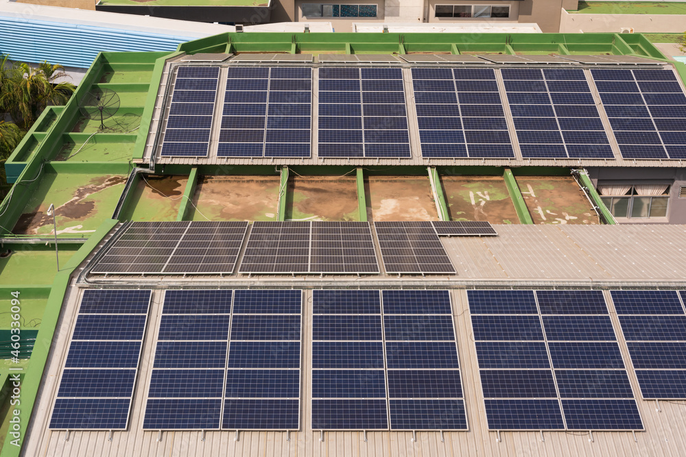 Solar cells farm on the roof.Solar panels background.Photovoltaic ...