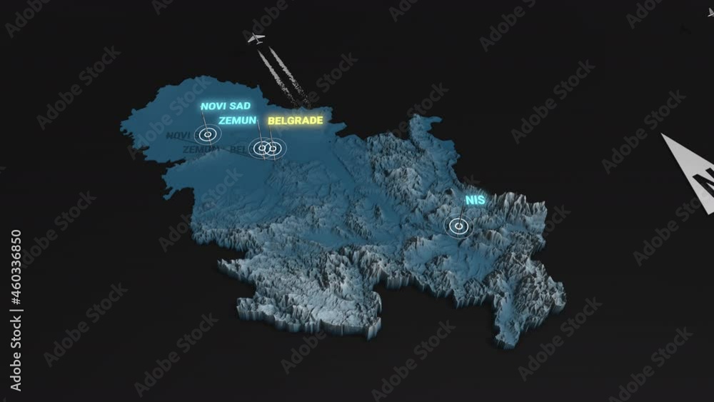 Seamless looping animation of the 3d terrain map at nighttime of Serbia ...
