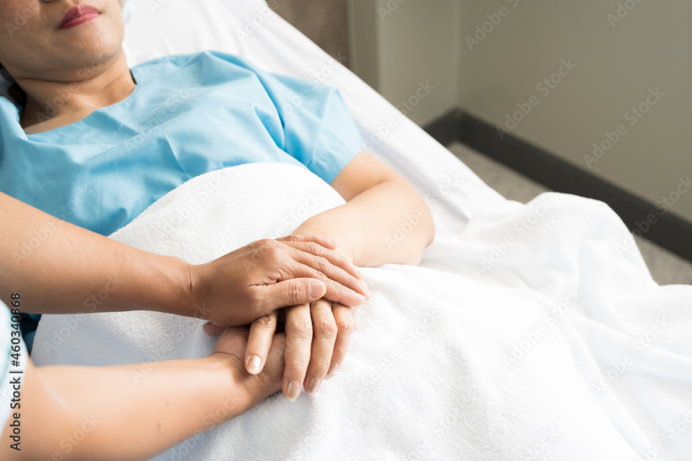 Close up doctor taking patients hand on the bed in hospiital.Nurse hand ...
