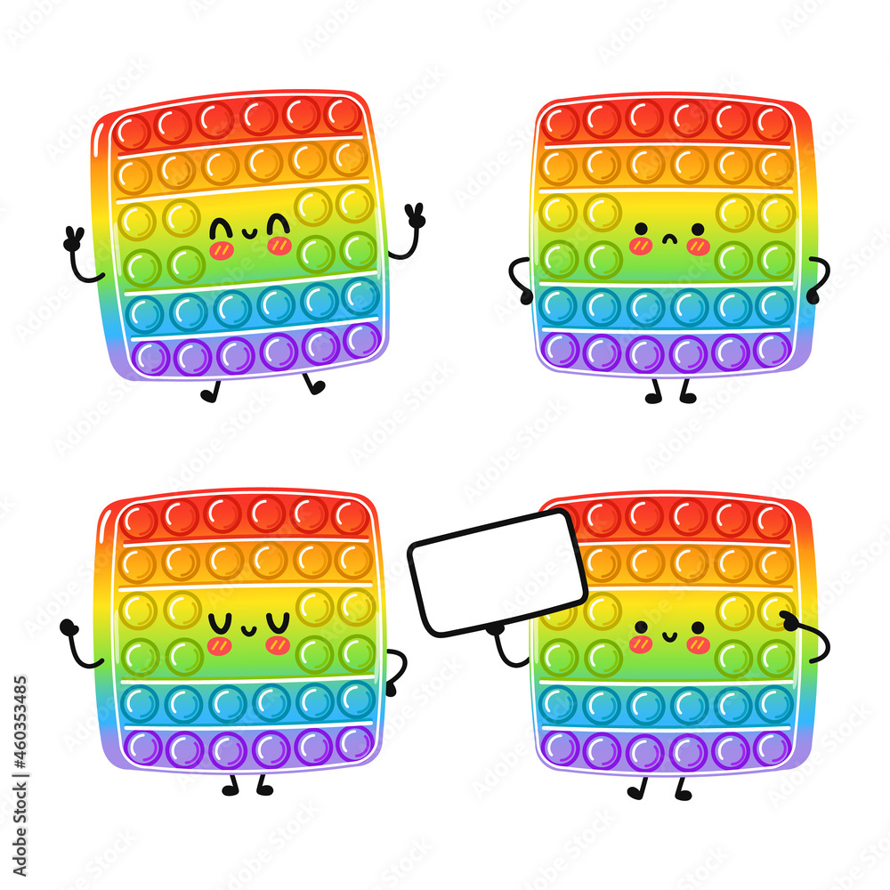 Funny cute happy popit characters bundle set. Vector kawaii line ...