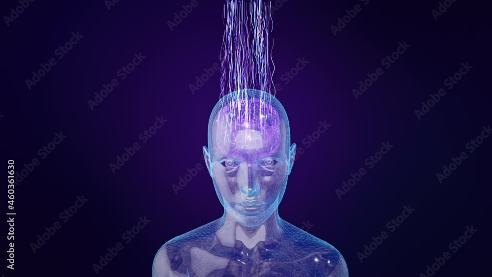 Concept of Artificial intelligence (AI). Downloading brain information ...