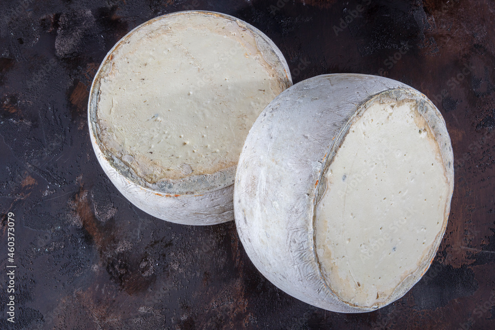 Old cheddar cheese. Wheel aged cheese. Aged cheddar cheese wheel on ...