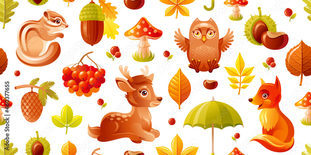 Autumn pattern. Forest vector animals. Cute fall woodland. Seamless ...