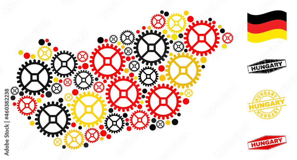 Repair workshop Hungary map collage and stamps. Vector collage is ...