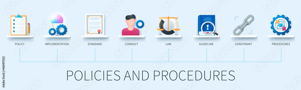 Vetor de Policies and procedures banner with icons. Policy ...
