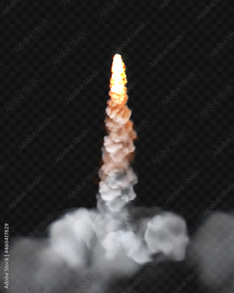 Rocket fire and smoke trails, vector realistic spacecraft startup ...