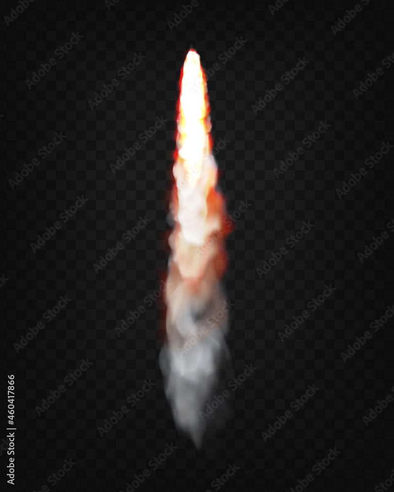 Rocket fire and smoke trails, vector realistic spacecraft startup ...