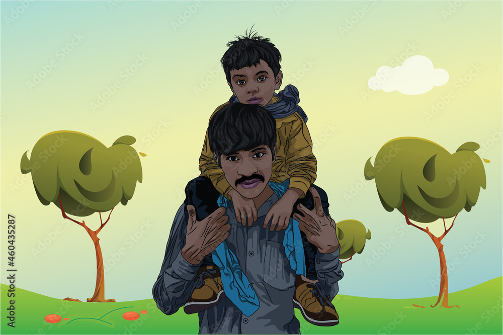 father carrying his kid son on his shoulder neck hand drawn vector ...