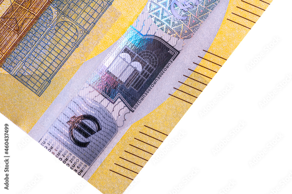 Holograms and security images on a fragment of a European banknote on a ...