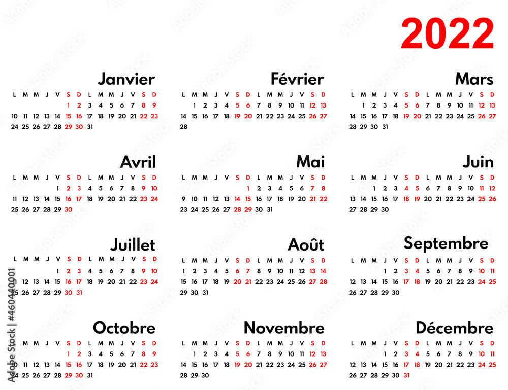 2022 full year monthly french language wall or table calendar, wide ...
