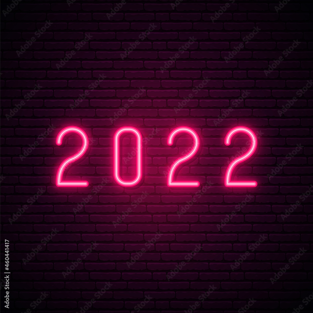 2022 neon signboard. Happy New Year. Realistic pink neon numbers on ...