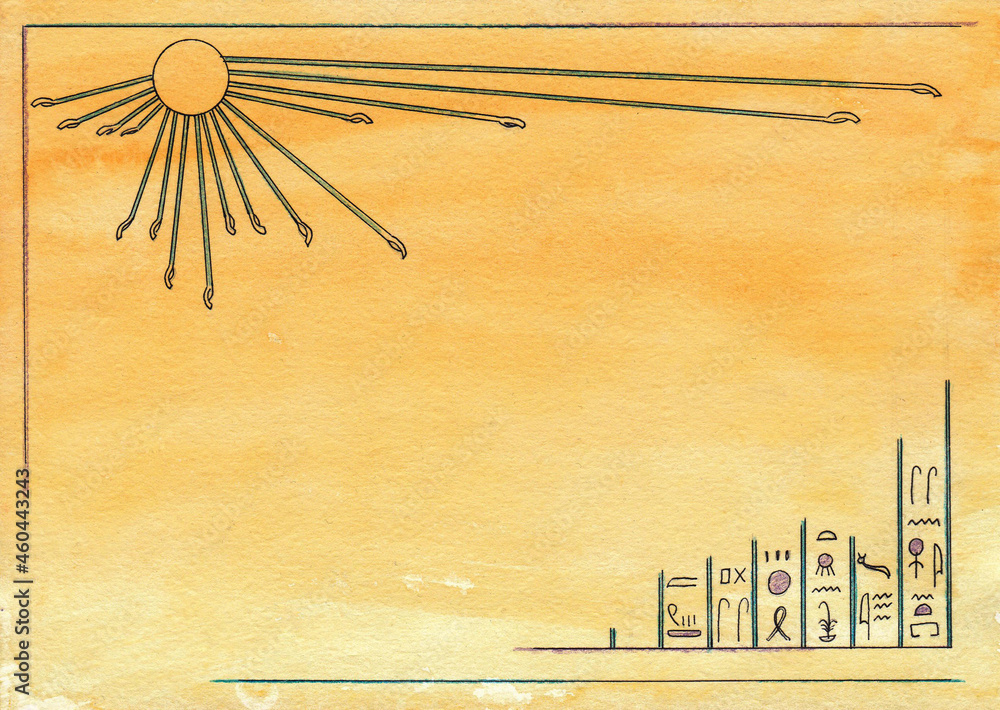 Egyptian papyrus with the image of hieroglyphs and the rays of the sun ...