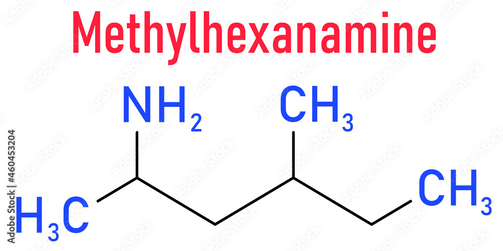 Methylhexanamine (dimethylamylamine, DMAA) stimulant molecule. Skeletal ...