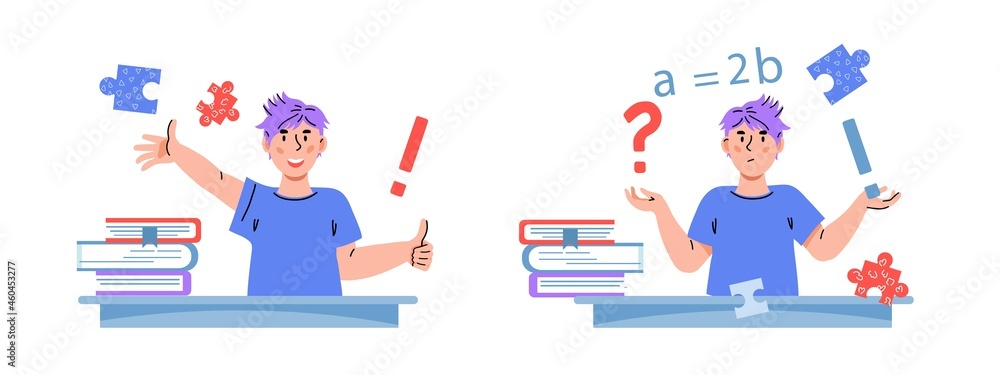 Schoolboy thinking and asking question, then solving task, flat cartoon ...