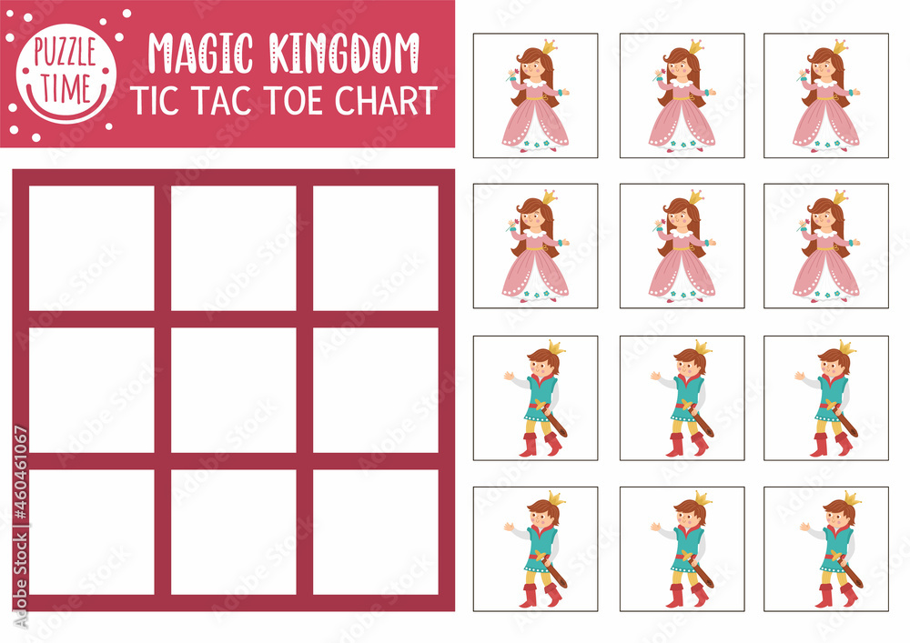 Vector fairytale tic tac toe chart with prince and princess. Fairy tale ...