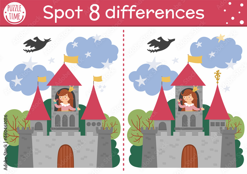 Find differences game for children. Fairytale educational activity with ...