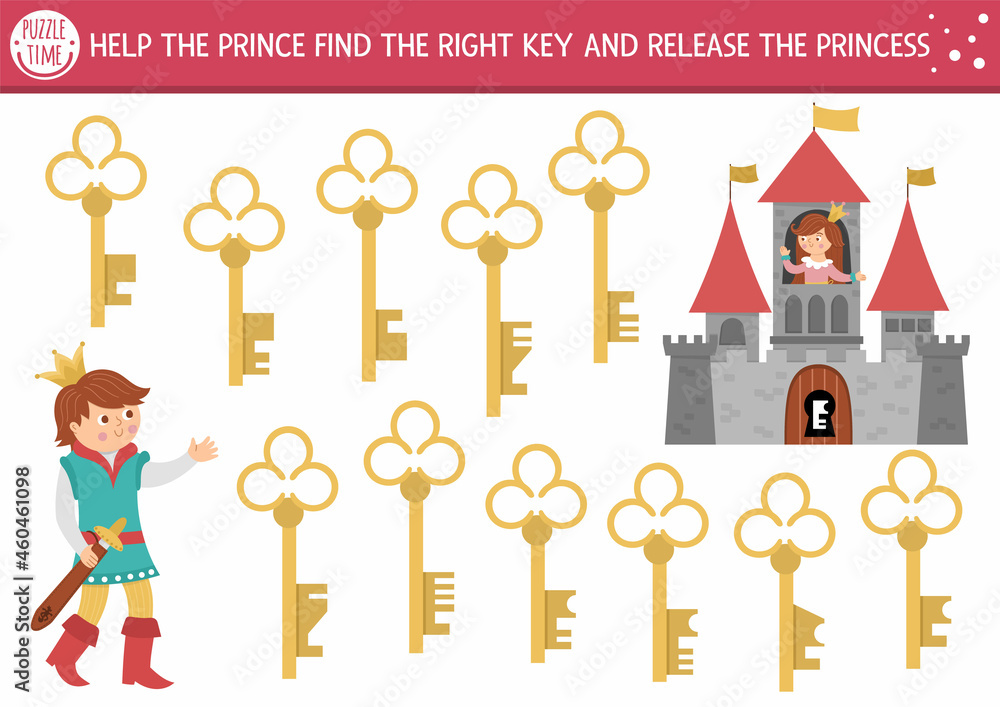 Find the right key to release princess. Fairytale matching activity for ...