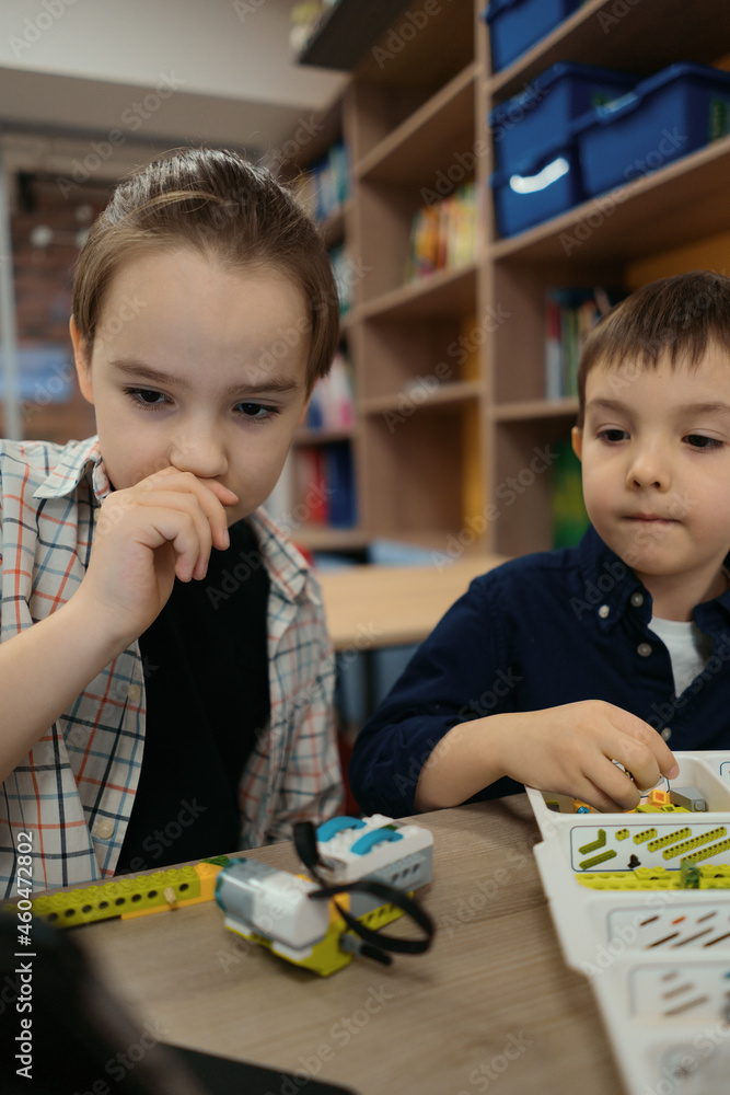 Two kids of different age choose parts of robotic electric toys for ...