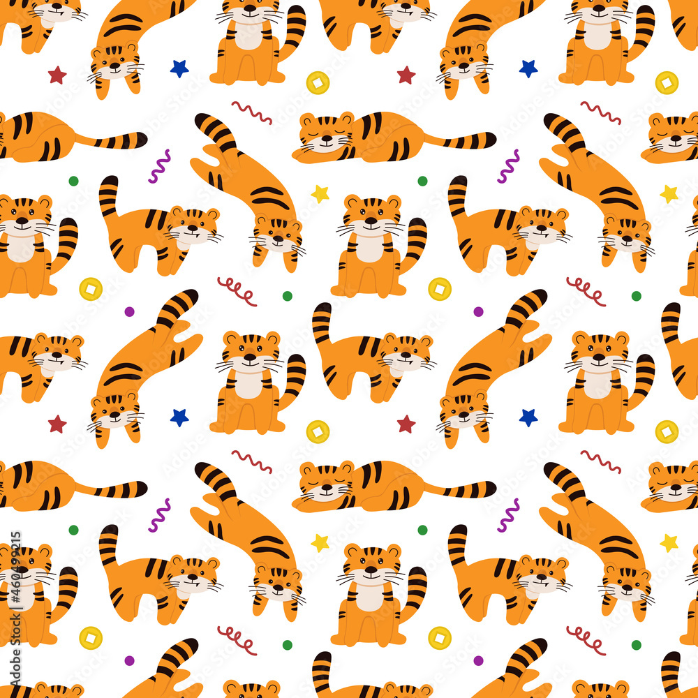 Seamless pattern with cartoon tigers. Cute tiger vector. A beautiful ...