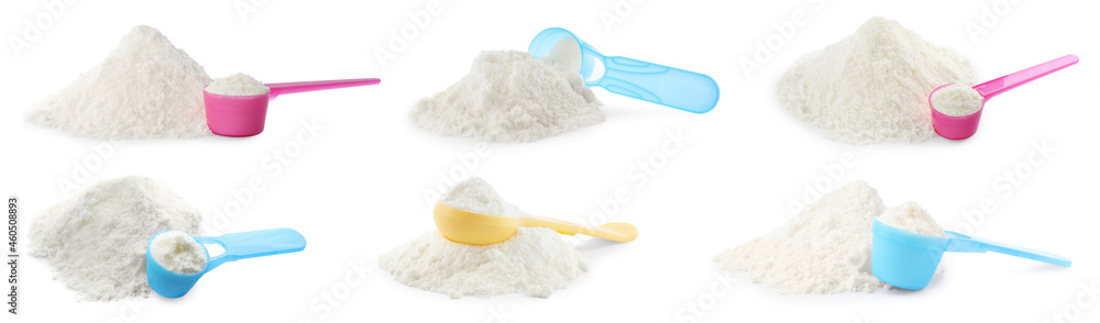 Set with powdered infant formula and scoops on white background, banner ...