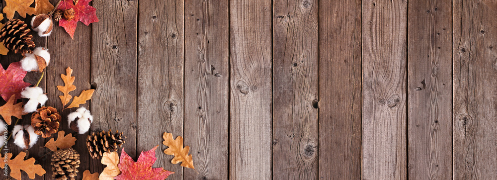 Fall leaves and natural decor. Corner border over a rustic dark wood ...
