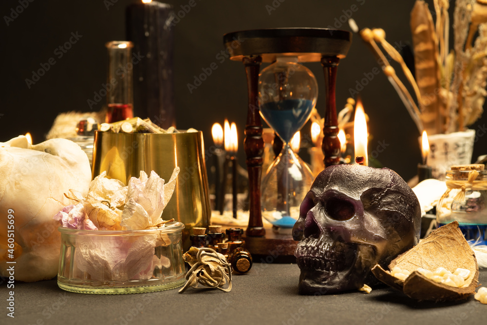 Occult and esoteric witch doctor still life. Selective focus. Halloween ...