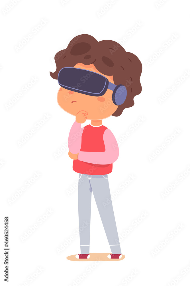 Kid in vr glasses headset play, virtual reality technology vector ...