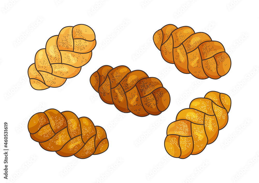 Challah vector set. Holiday jewish braided loaf icons, cartoon shabbat ...