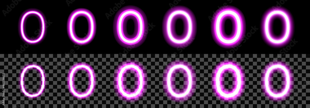 Neon purple glow number 0 on black background. Six zeros with different ...