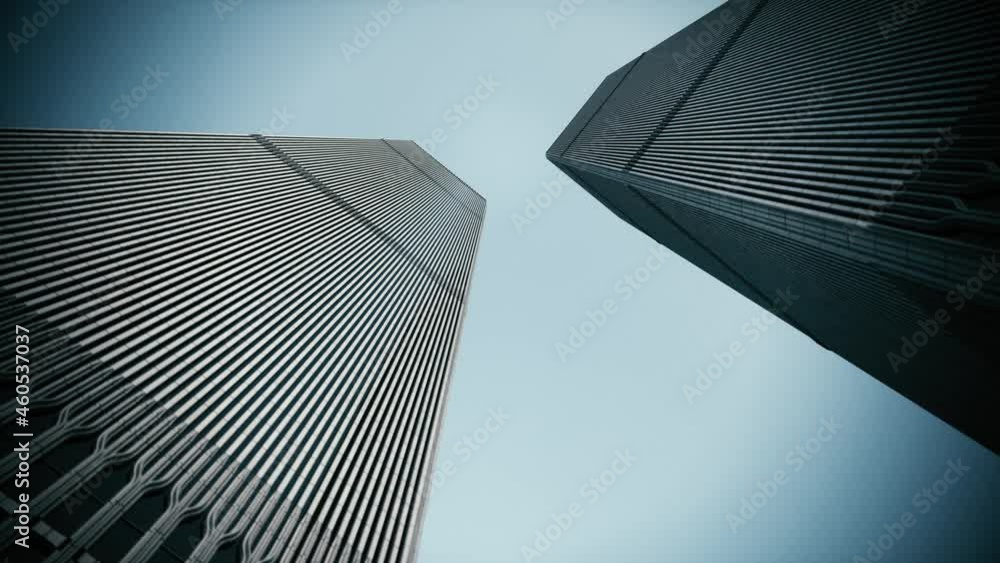 Low angle of World Trade Center towers. CG animation of twin towers of ...