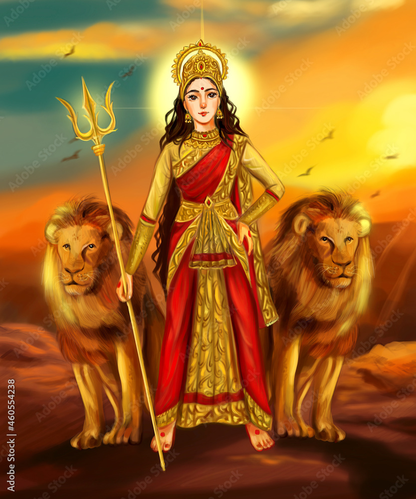 Indian Goddess Sherawali Maa with Tiger illustration Stock Illustration ...