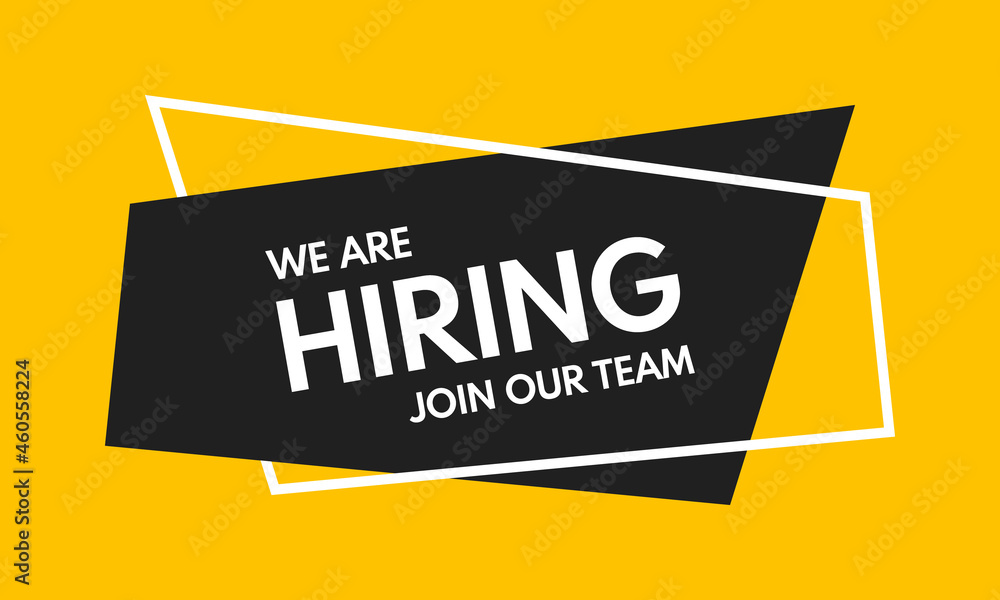 we are hiring, join our team, flat vector poster or banner illustration on yellow background ...
