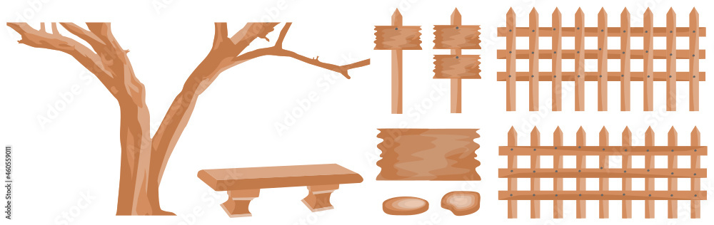 Vector wooden icon set of tree, bench, board, timber, lumber, fence ...