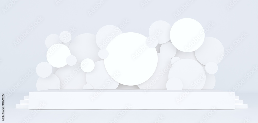 The stage has a circular backdrop of various sizes, with a white LED ...