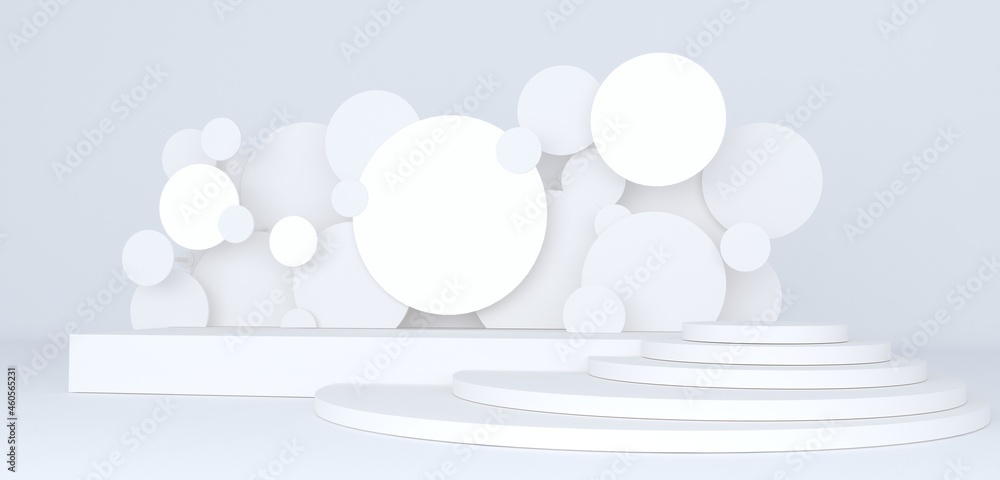 The stage has a circular backdrop of various sizes, with a white LED ...