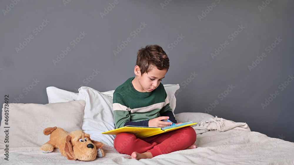 Cute little boy reading alphabet book. Child looks at open book ...