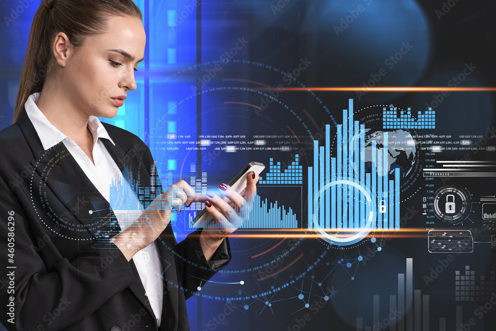 Attractive concentrated businesswoman holding smartphone and browsing the Internet, blue glowing ...