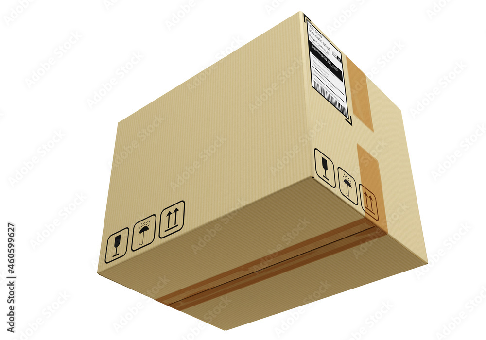 Box with courier service sticker. Cardboard box on white background. It ...