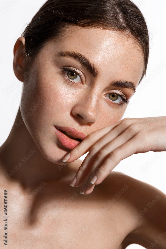 Skin care. Woman with beauty face touching healthy facial skin portrait ...