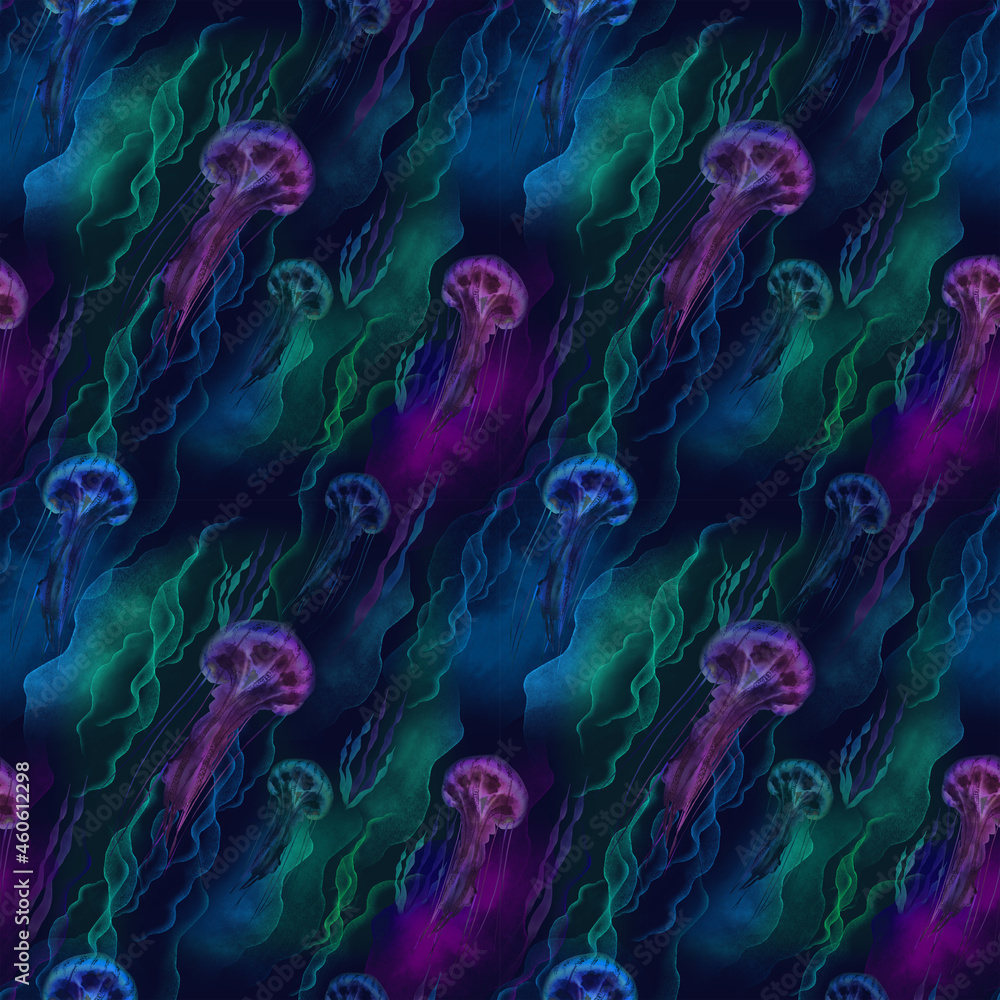 A modern bright seamless pattern of blue dark sea jellyfish .A flock of ...