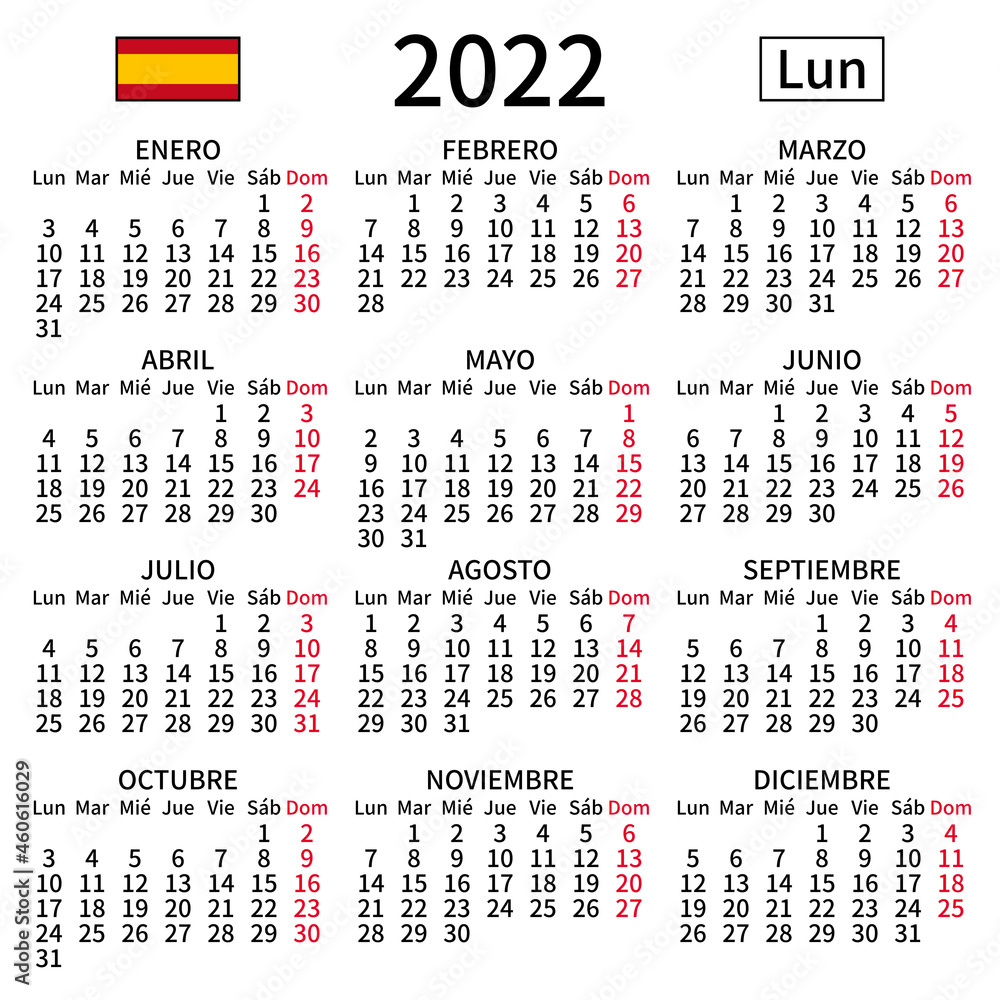2022 year calendar. Simple, clear and big. Spanish language. Week ...