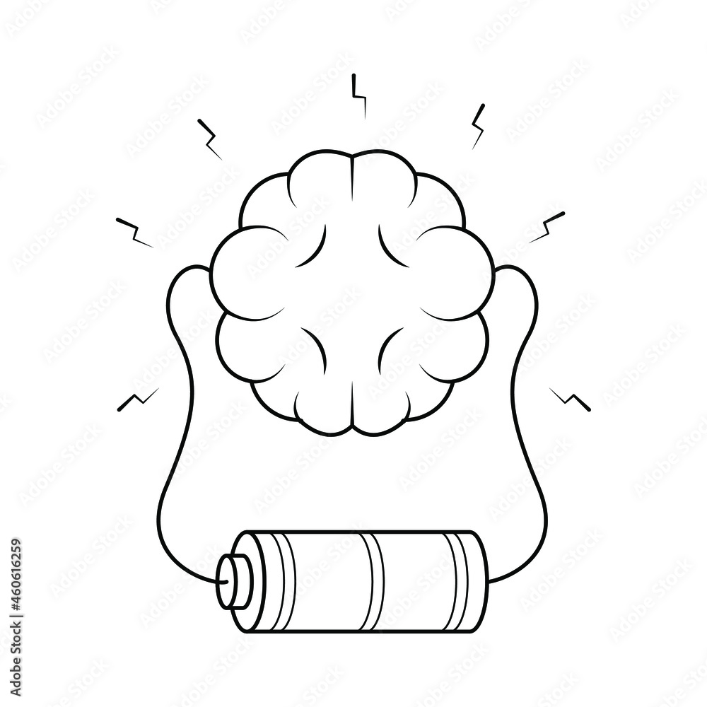 Abstract Black Simple Line Brain With Battery Lightnings Doodle Outline ...
