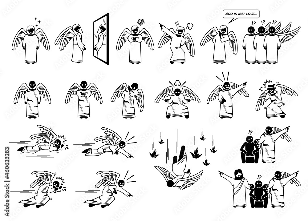 Archangel Lucifer and fallen angels pictogram and icons. Vector ...