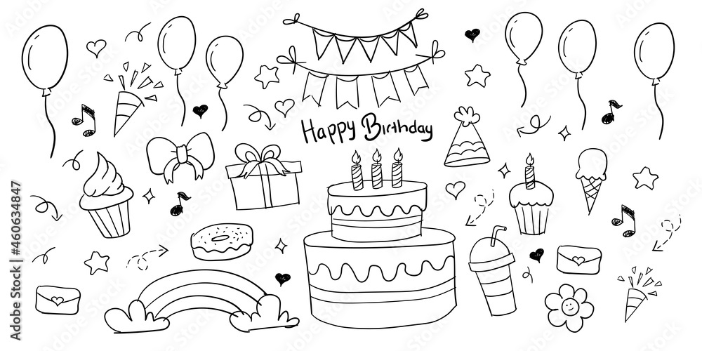 hand drawn doodle black outline birthday element card clipart gift ...