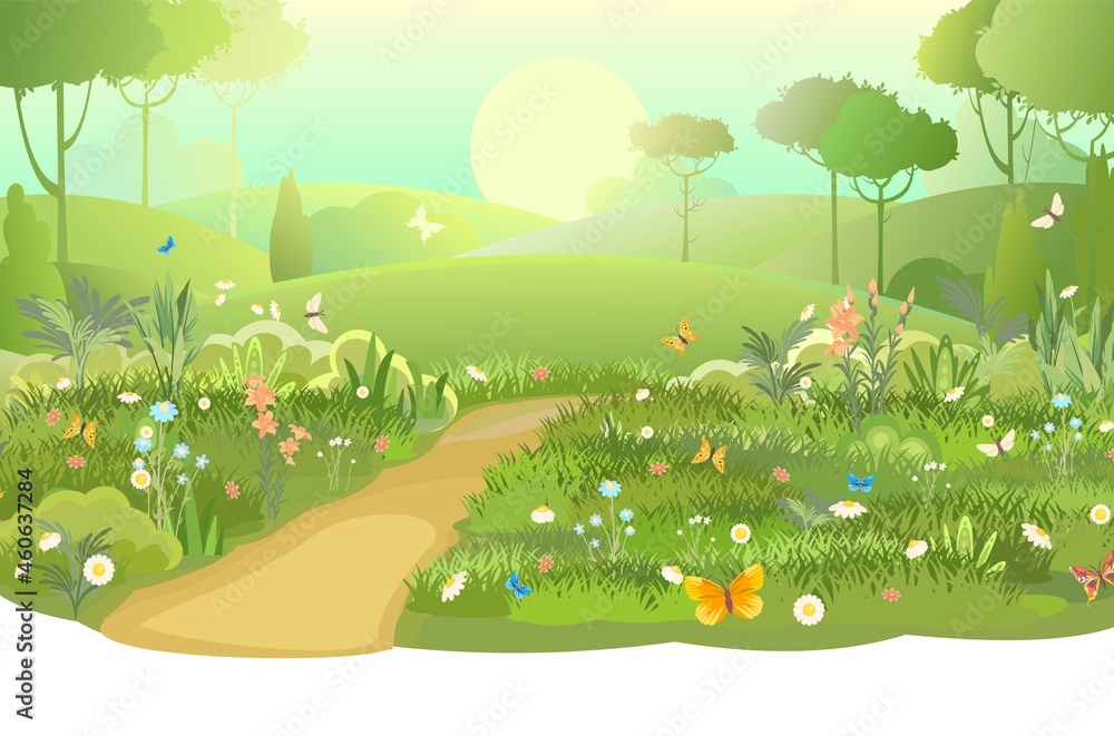 Road. Amusing beautiful forest landscape. Trail. Cartoon style. Leaves ...